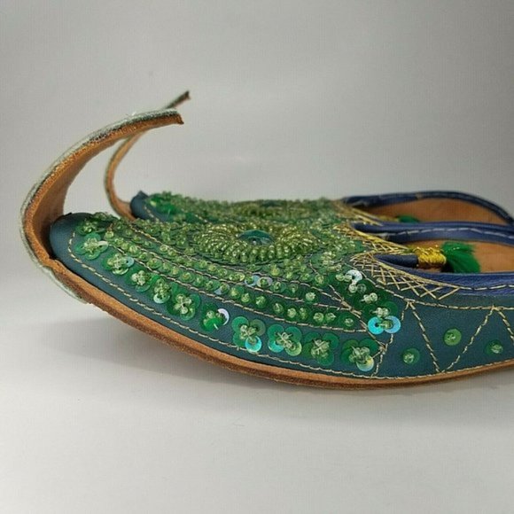 Shoes | Moroccan Arabian Beaded Hand Made Slippers Green Sequined Genie ...